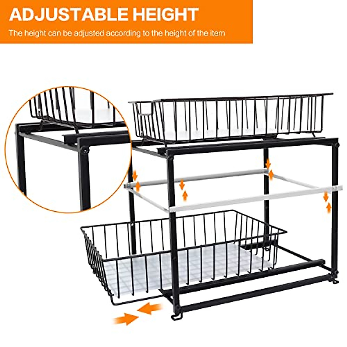 FERLAN Under Sink Organizer, 2-Tier Stackable Kitchen Cabinet Organizer and Storage With Sliding Storage Drawer, for Kitchen, Bathroom, Office, Pantry, Cabinet, Black