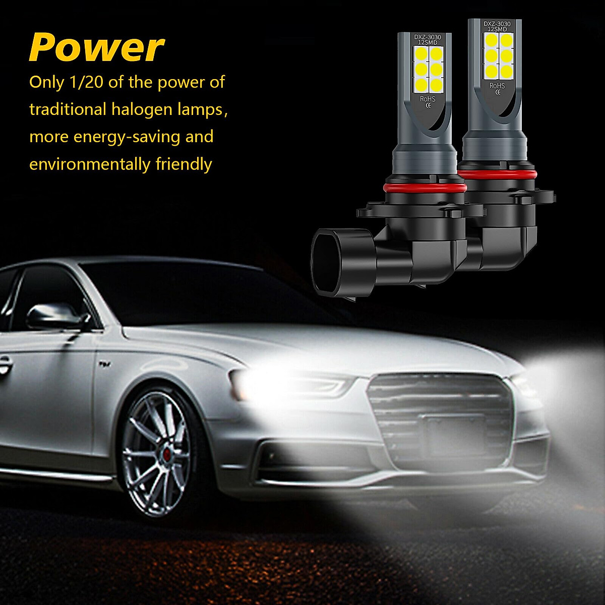 GKmow 2 PCS 9005 Car Fog Light Bulb, 3030 12SMD 50000H 6000K High Brightness Stable Light Source Reversing Light, 1500LM 360° Lighting Tail Light, Suitable Most Car Models (White) (GKQZD2001WH-9005)