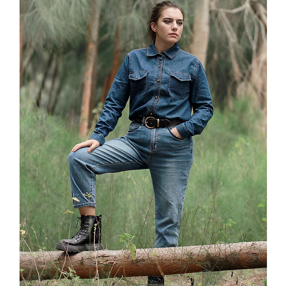 wolksprong Women's 1.5" Wide Leather Belt with Large Brass Buckle - Trendy Vintage Style for Jeans and Pants