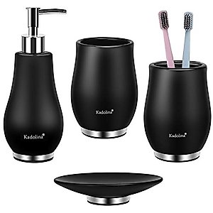 Kadolina Black Bathroom Accessories Set, Toothbrush Holder Set, Lotion Soap Dispenser, Soap Dish, Tumbler Cup, Ceramic Vanity Countertop Accessory Set Bath Restroom (4 Pcs)