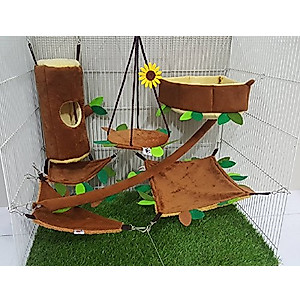 HOT! 7 Pcs/Set Cute Sugar Glider Hamster Marmoset Squirrel Chinchillas Small Pet Hanging Log + Edge Corner Light Brown Cage Set Forest Pattern Get Free 1 Small Pet Treats, PB's REPUBLIX