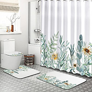4PCS Bathroom Sets with Shower Curtain and Rugs, HUXMEYSON Spring Shower Curtain with Memory Foam Bath Mat Set and 12 Hooks, Stylish and Dural Bathroom Decor Set