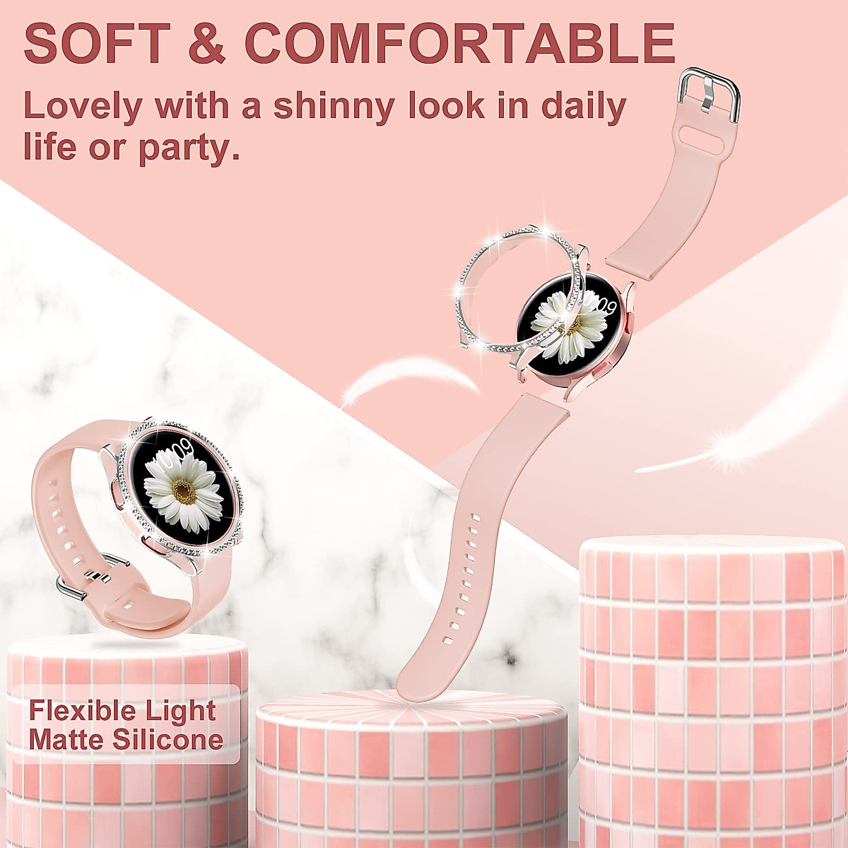 DABAOZA Compatible for Samsung Galaxy Watch 4 5 Band 40mm with Glitter Bumper Case, Women Black Silicone Soft Comfortable Adjustable Strap with Buckle (Pinksilver, 40)