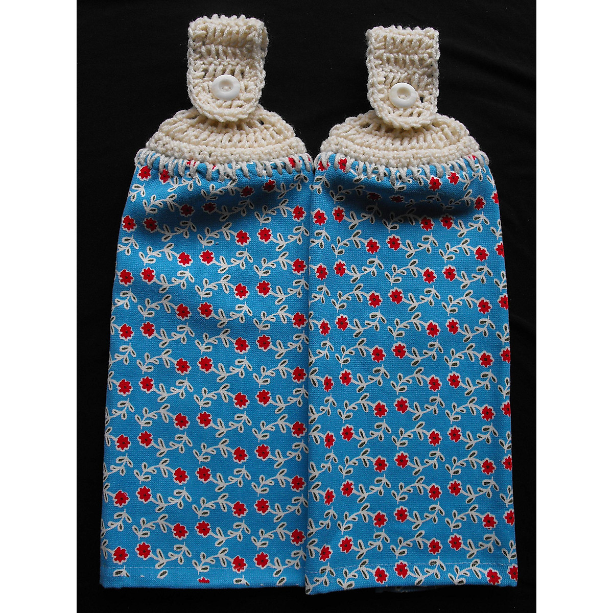 THE PIONEER SWEET ROSE BLUE WITH RED FLOWERS HANGING KITCHEN TOWELS - SET OF 2