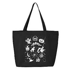 shop4ever Halloween Mash Witch Skull Pumpkin Cat Trick or Treat Heavy Canvas Tote with Zipper Reusable Shopping Bag Black ZIP 1