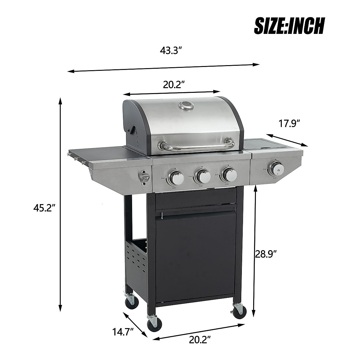 3-Burners Propane Gas Grill with Side Burner & Thermometer, 33950 BTU Output Stainless Steel Grill for Outdoor BBQ and Camping, Patio Backyard Barbecue(3 Burner+Side Burner)