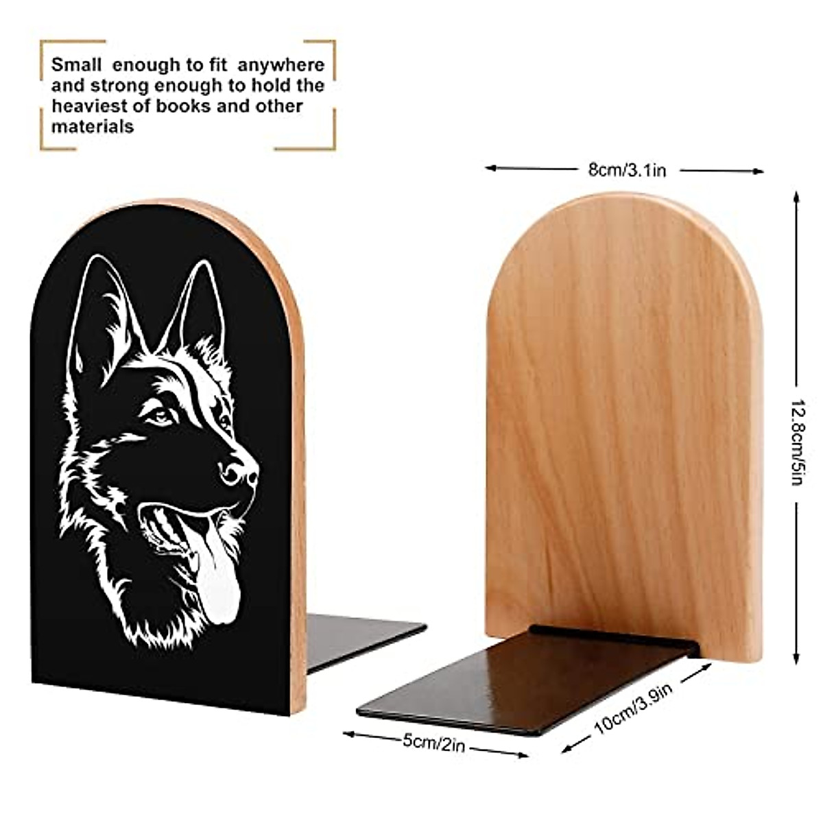 Book Ends German Shepherd Head Print Wood BookEnds 1 Pair Non-Skid Book Stoppers for Office/Table