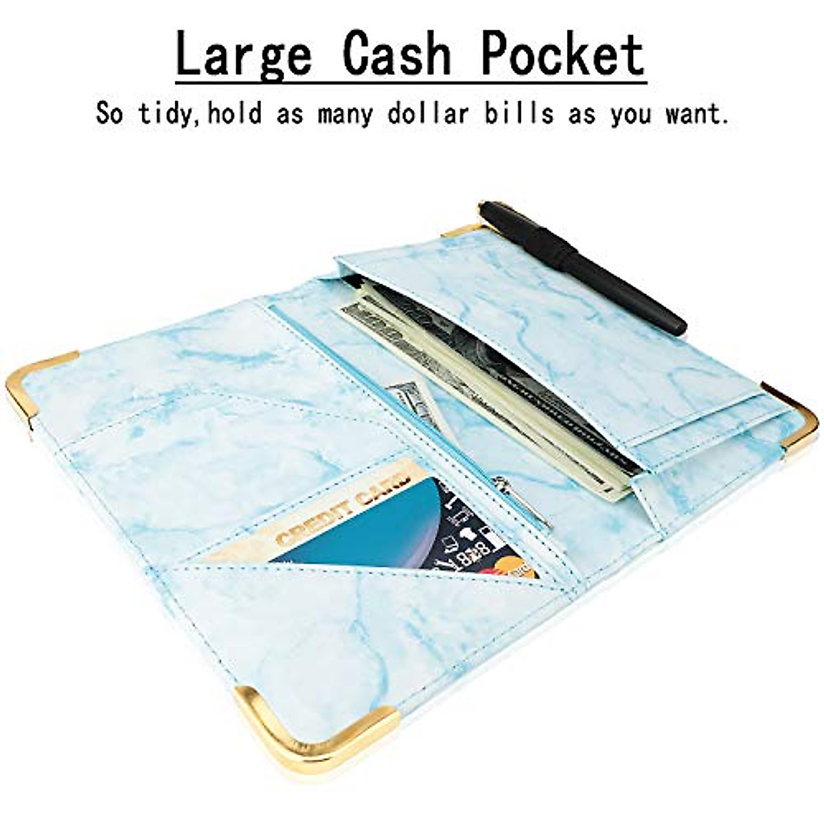 Server Book - Waitress/Waiter Book Organizer with Zipper Pouch, Guest Check Book Holder Money Pocket Restaurant Waitstaff Organizer (Blue)