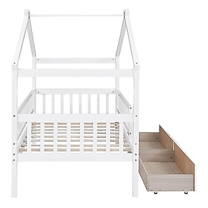 BestLM Twin Size Wooden House Bed with Two Storage Drawers for Kids, Wood Platform Bed Frame with Fence, Roof, and Safety Guardrail for Kids, Teens, Girls, Boys, White