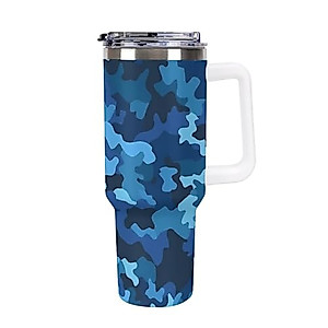 LLUTSNTH 40 Oz Vacuum Tumbler with White Handle Leakproof Insulated Tumbler Blue Camo Stainless Steel Travel Mug with Lid And Straw Coffee Cup Cute Water Bottles Cup Holder Friendly