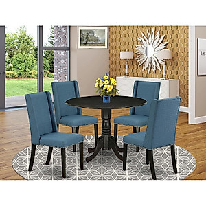 East West Furniture DLFL5-ABK-21 5 Piece Dining Room Table Set Includes a Round Dining Table with Dropleaf and 4 Blue Linen Fabric Upholstered Parson Chairs, 42x42 Inch, Wirebrushed Black