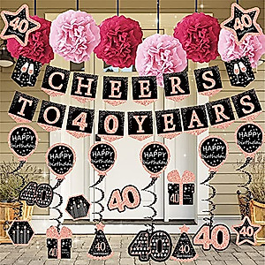 40th birthday decorations for women - (21pack) cheers to 40 years rose gold glitter banner for women, 6 paper Poms, 6 Hanging Swirl, 7 decorations stickers. 40 Years Old Party Supplies gifts for women