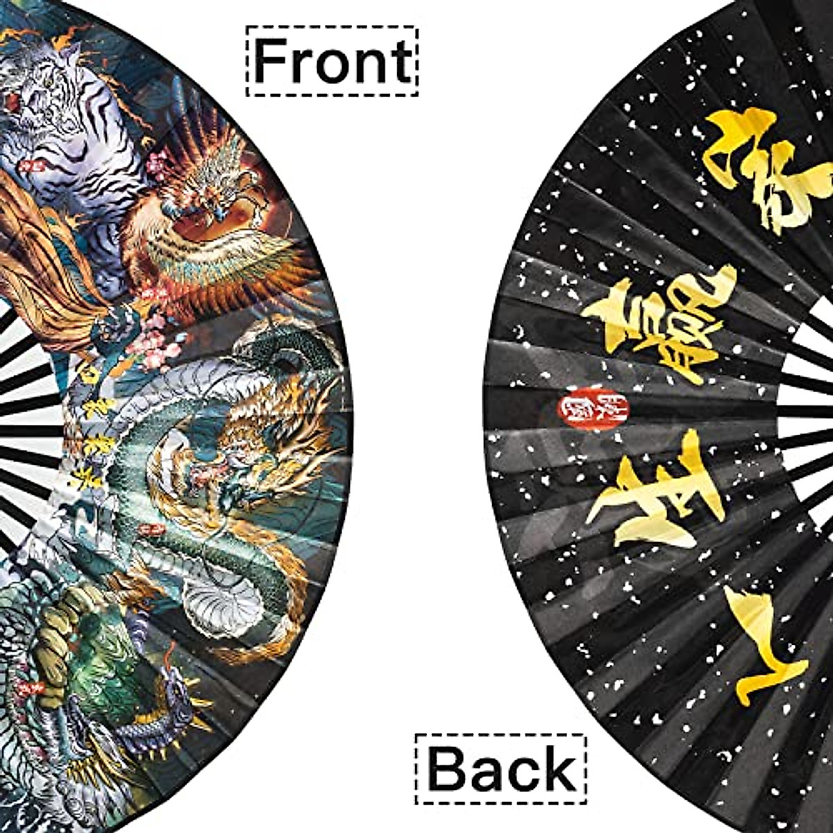 ESSSHOP 13" Large Folding Hand Rave Fan for Women/Men, Chinese Kung Fu Tai Chi Bamboo and Nylon-Cloth Foldable Held Fan with Fan Bracket for Party,Drag Queen,Decorations and Festival Gifts (Dragon)