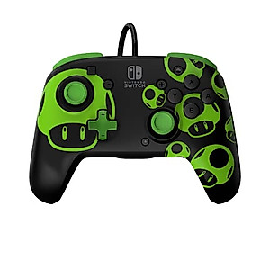 PDP REMATCH Enhanced Wired Power Nintendo Switch Pro Controller, Officially Licensed Switch Lite/OLED Compatible Gamepad, Customizable Programmable Buttons, Super Mario 1-UP Mushroom, Glow in the Dark