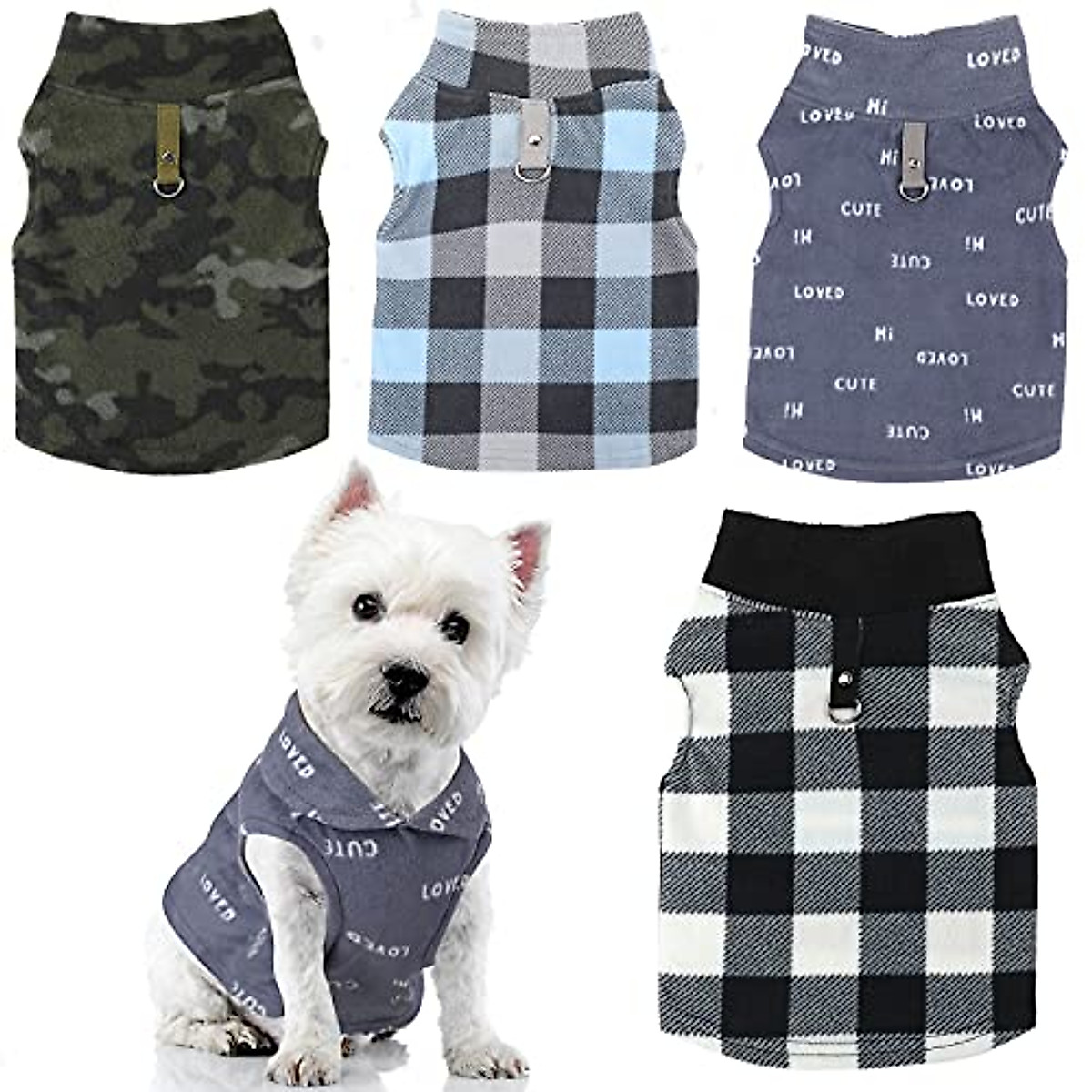 4 Pieces Winter Fabric Dog Sweater with Leash Ring Soft Fleece Vest Dog Clothes Plaid Camouflage Warm Puppy Dog Jacket Pullover Clothes for Small Boy Dogs Cat Puppy Chihuahua (S)