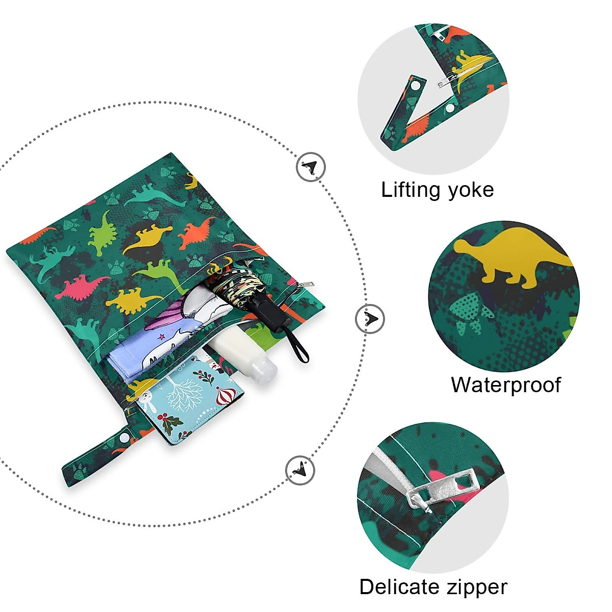 Qilmy 2pcs Dinosaur Wet Dry Bag Waterproof Reusable Baby Cloth Diaper Wet Dry Organizer for Travel, Beach, Stroller, Diapers, Wet Swimsuits, Toiletries