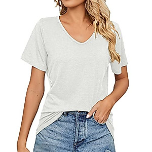 Spring and Summer New Short Sleeve V Neck Shrink Pleated Solid Color Loose Tee Shirt Top White