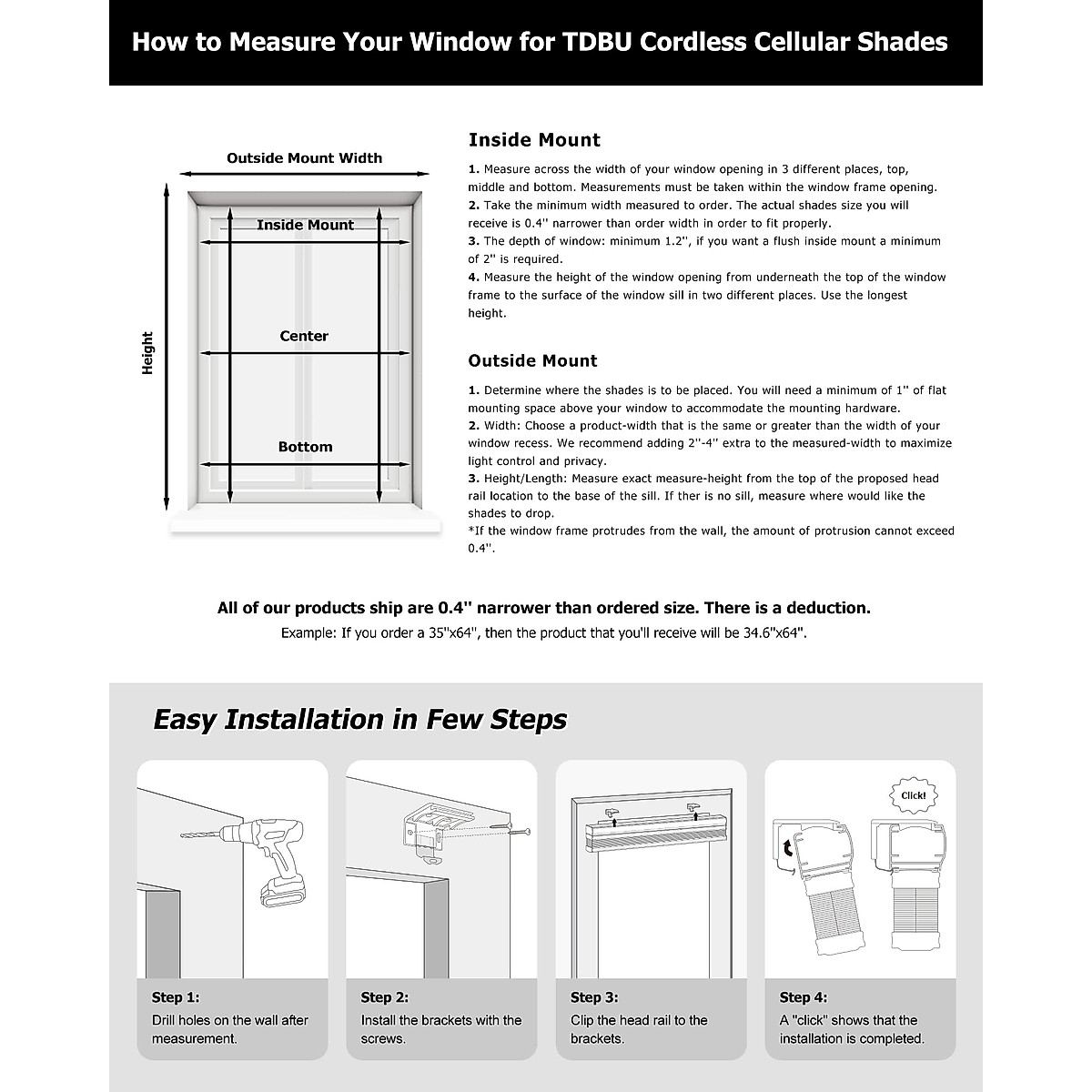 LazBlinds Top Down Bottom Up (TDBU) Cordless Cellular Shades, Blackout Light Blocking Honeycomb Shades Pleated Polyester Blinds for Window Size 35" W x 64" H, Grey