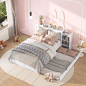 Queen Size Storage Bed with Trundle, Wood Platform Bed Frame with Storage Shelves Headboard and Twin Size Trundle Bed, Wooden Queen Beds for Kids Boys Girls Teens, White