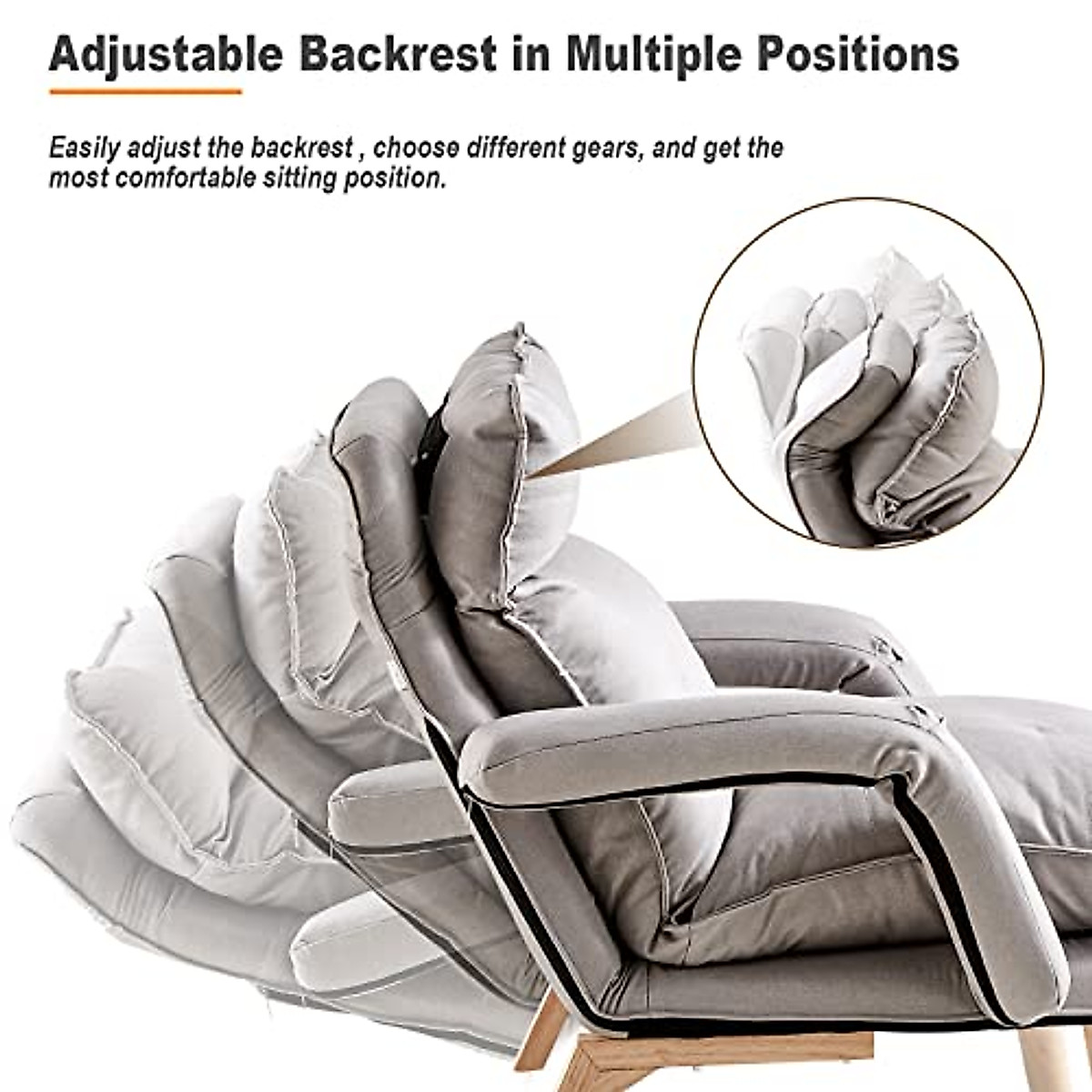 CLIPOP Modern Living Room Accent Chair with Ottoman, Comfy Linen Armchair with Adjustable Backrest(5 Angles), Solid Wood Legs, Leisure Upholstered Single Sofa Chair with Footrest,Grey