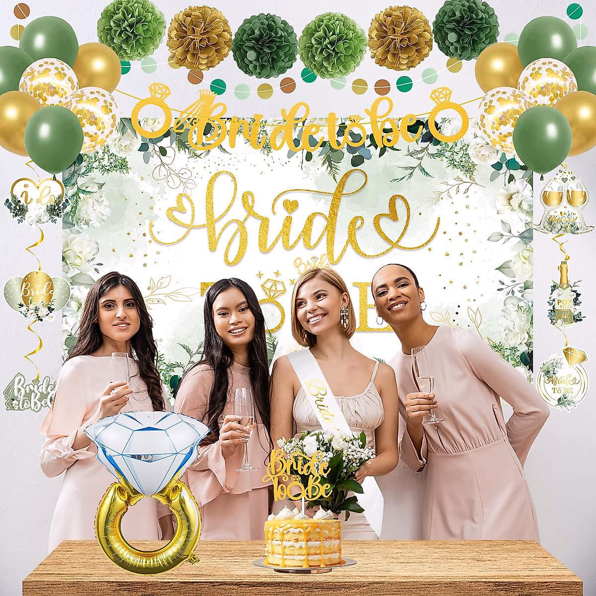 DARUNAXY Sage Green Bachelorette Party Decorations, Bride to Be Banner, Bride Veil Tiara & Crown Bridal Shower Balloons Cake Topper Paper Pom Poms Party Supply for Hen Bachelorette Party(34PC)