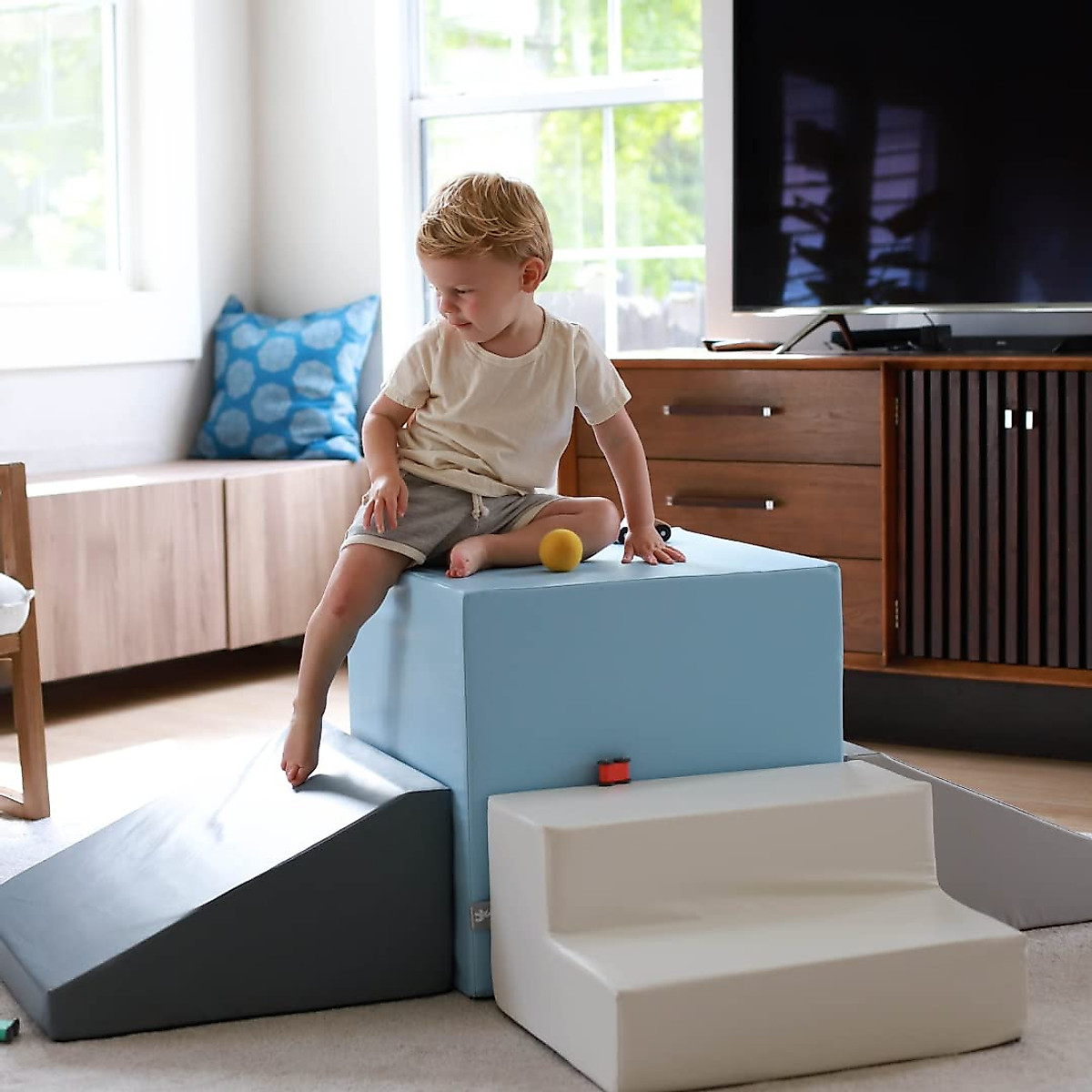 Foamnasium Gymnasium, Indoor Foam Playset, 4 Piece Soft Toddler and Active Kids Play Foam Climber for Crawling, Climbing, Sliding and Jumping, Made in The US, Pink Multi