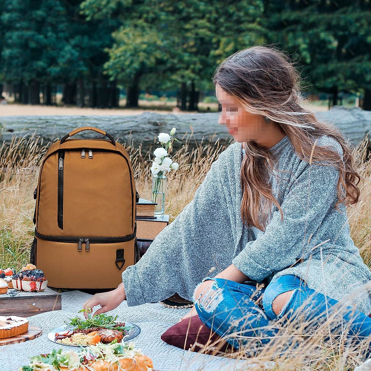 TUGUAN Insulated Cooler Backpack 38/42 Cans Double Deck Leakproof Lightweight Soft Lunch Backpack Small Cooler Bag Beach Picnic, Brown