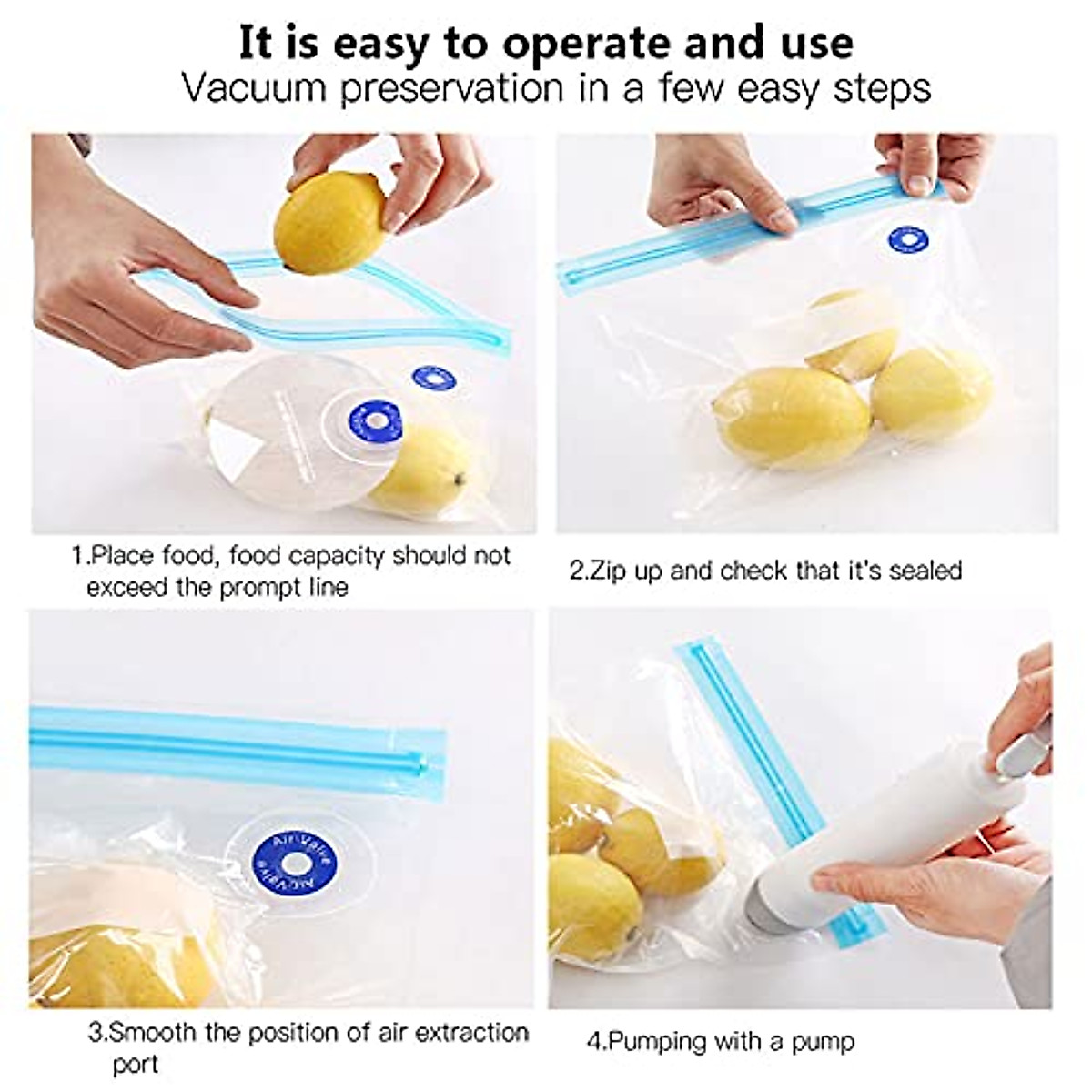 20 PCS Reusable Vacuum Food Sealer Bags, Sous Vide Bags, Plastic Freezer Bags, Kitchen Food Storage Bags with Handheld Pump(10 medium + 10 large)
