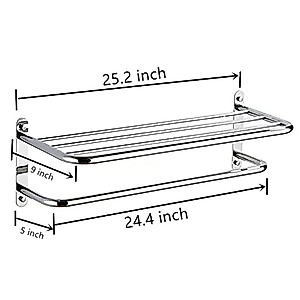 Gecious 25 in Bathroom Towel Rack with Shelf for Wall Polish Chrome Towel Bars and Double Towel Hooks Wall Mount Towel Holder Hotel Style