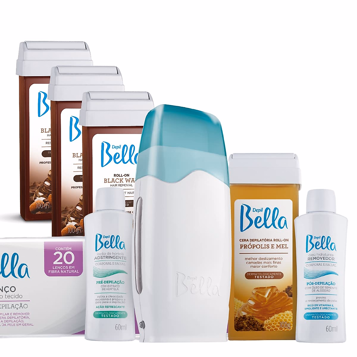 Depil Bella Bundle Kit Waxing Roller, 1 Roll on Honey and propolis + 3 Roll on Black Depilatory Wax Hair removal for Women and men, Sensitive hair, At Home and professional Waxing, Brazilian Bikini, L