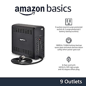 Amazon Basics Line Interactive UPS 1000VA 550 Watt Surge Protector Battery Power Backup, 9 Outlets, Black