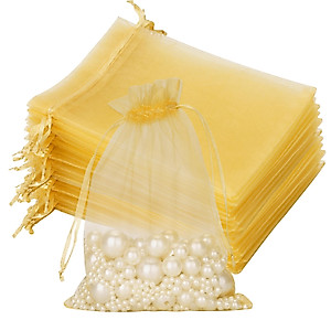 joycraft 50Pcs Organza Bags, 5"x7" Gift Favor Bags, Gold Breathable Tulle Bags with Drawstring, Sheer Mesh Pouch Drawstring Bags for Wedding Favor, Jewelry, Makeup, Candy