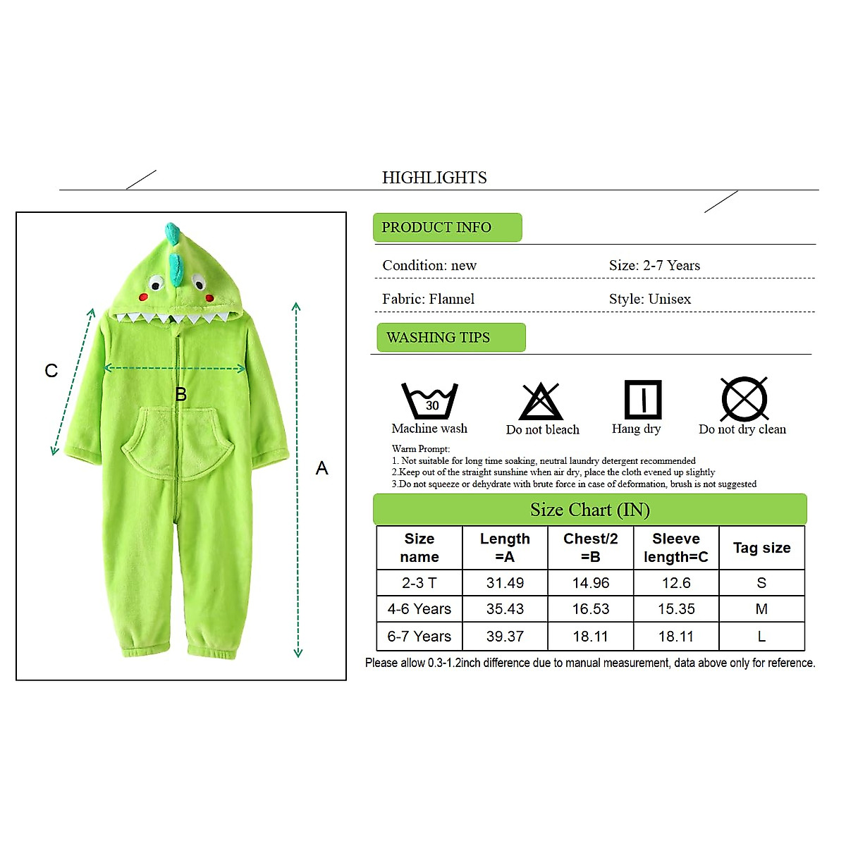 LOLANTA Boys Girls Dinosaur Costume Bodysuit Flannel Toddler One Piece Jumpsuit Kids Gifts (Green, 6-7 Years)