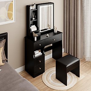 Elevon Small Makeup Vanity Desk with Sliding Mirror LED 3 Lighting Adjustable, Vanity Table Set with 5 Storage Drawer & Chair & Shelves Bedroom Furniture, Black