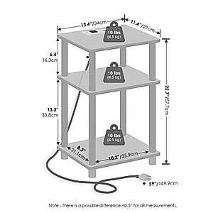 Furinno Just 3-Tier Turn-N-Tube Open Storage Nighstand, Bedside Table with USB and Type-C Charging Station, Amber Pine/Black
