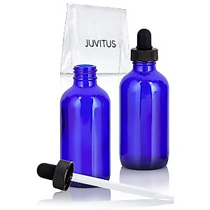 JUVITUS 4 oz / 120 ml Cobalt Blue Glass Boston Round Bottle with Black Dropper (2 Pack) + Clear Travel Bag