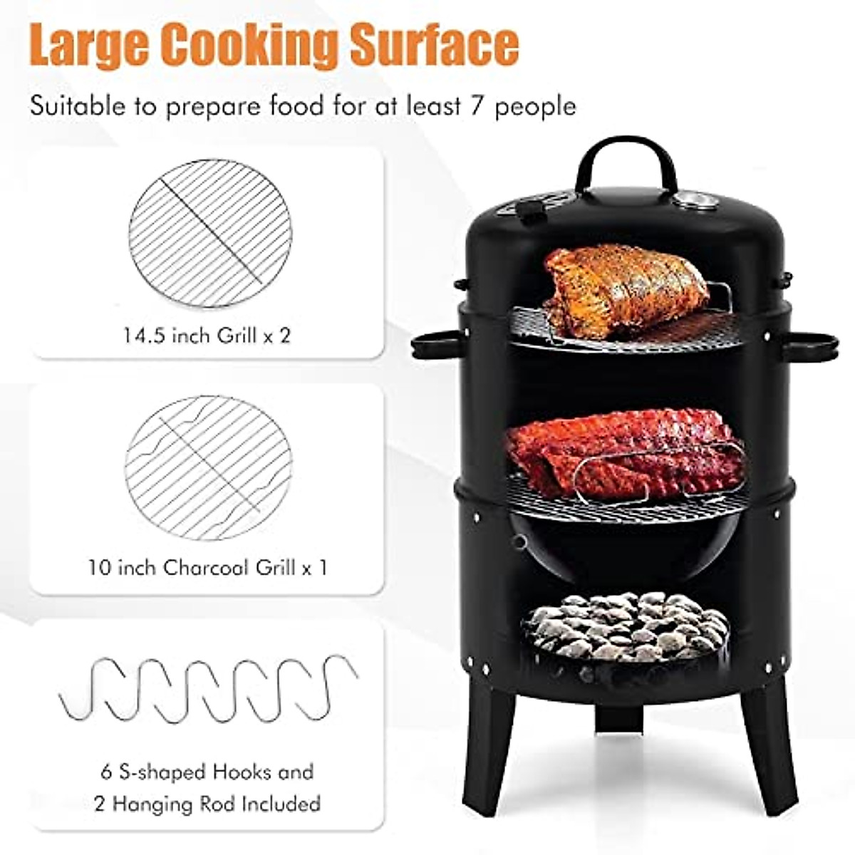 Smoker Grill，3-in-1 Outdoor Smokers, Charcoal Grills Cambo with Built-in Thermometer for BBQ
