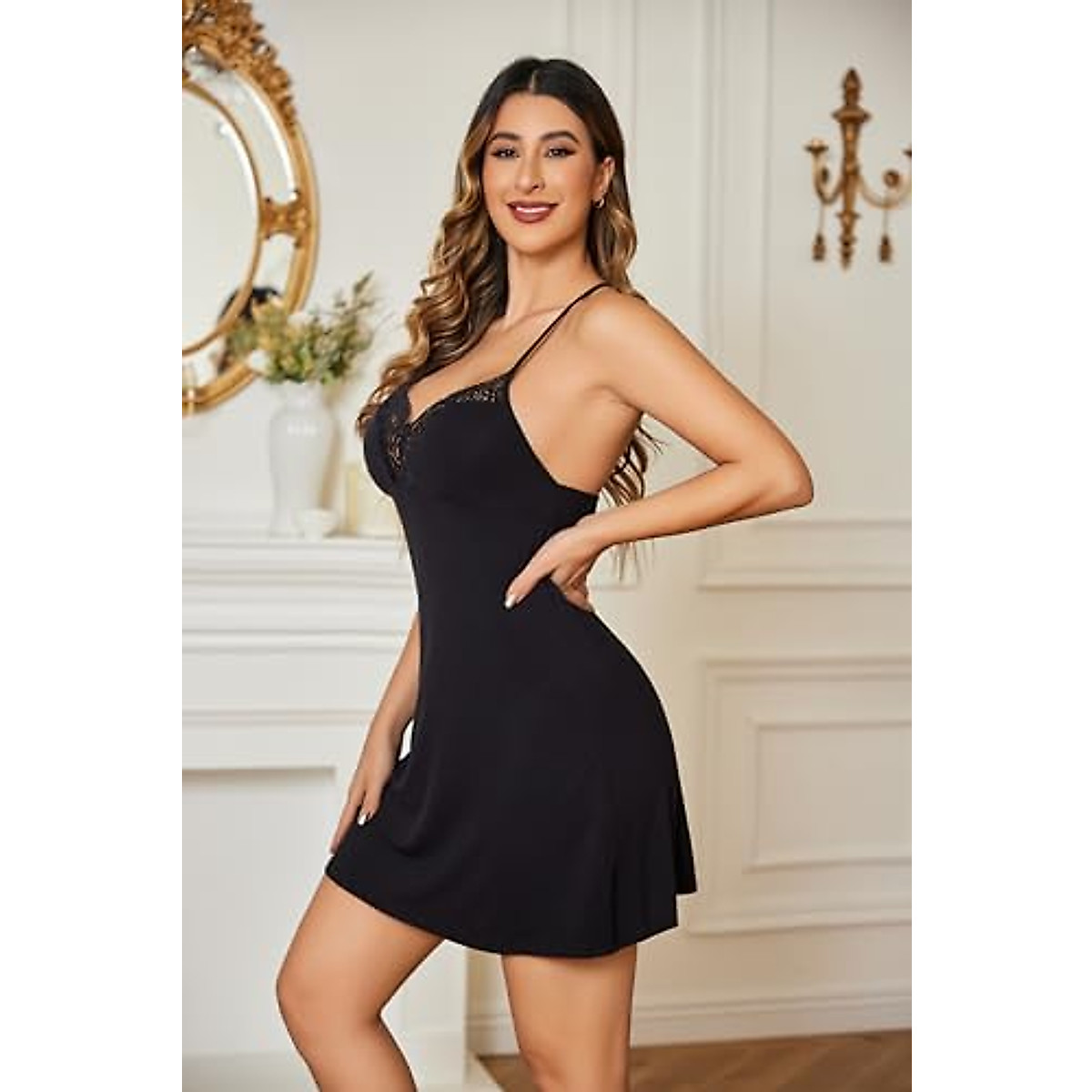 Ekouaer Women Chemise Lace Lingerie Cotton Nightgown Patchwork Sleeveless Pajama Lounge Wear Black