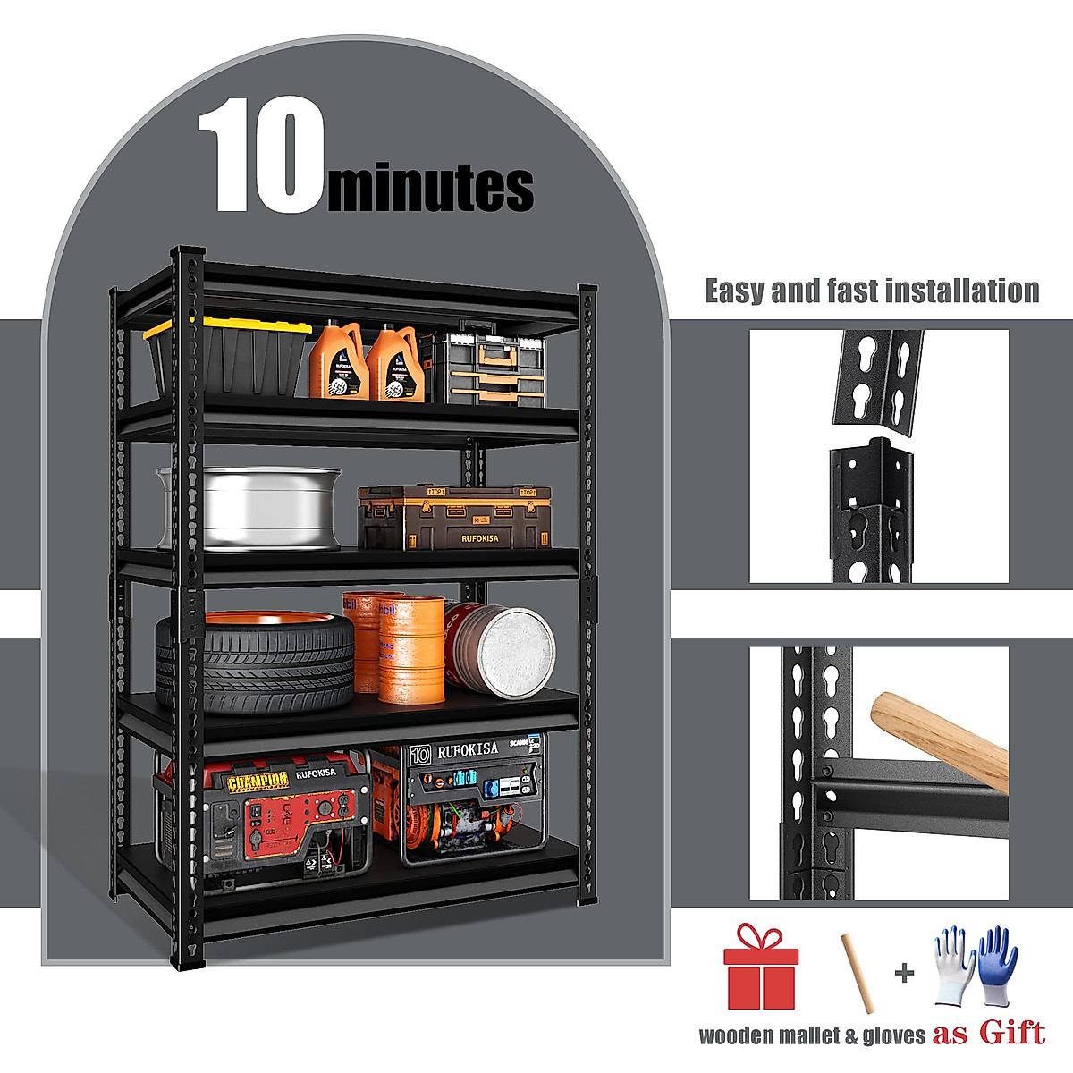 Rufokisa 5-Tier Garage Shelving Heavy Duty，72" Metal Shelving Unit for Garage, 2250 lbs Load Capacity Utility Rack Shelves＆ Garage Shelves, 40”W x 18”D x 72”H(Black)