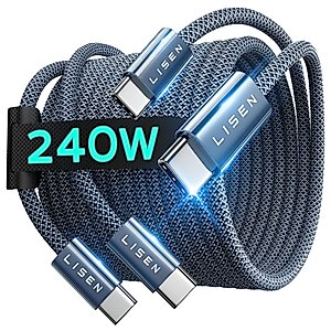 LISEN USB C to USB C Cable Fast Charging 240W USBC to USBC Type C Charger Cable Cord for iPhone 16 Pro Max 15 Plus MacBook Pro iPad Air Samsung S25 Compatible 140W/100W/60W,6.6ft+6.6ft/2 Pack/Midnight