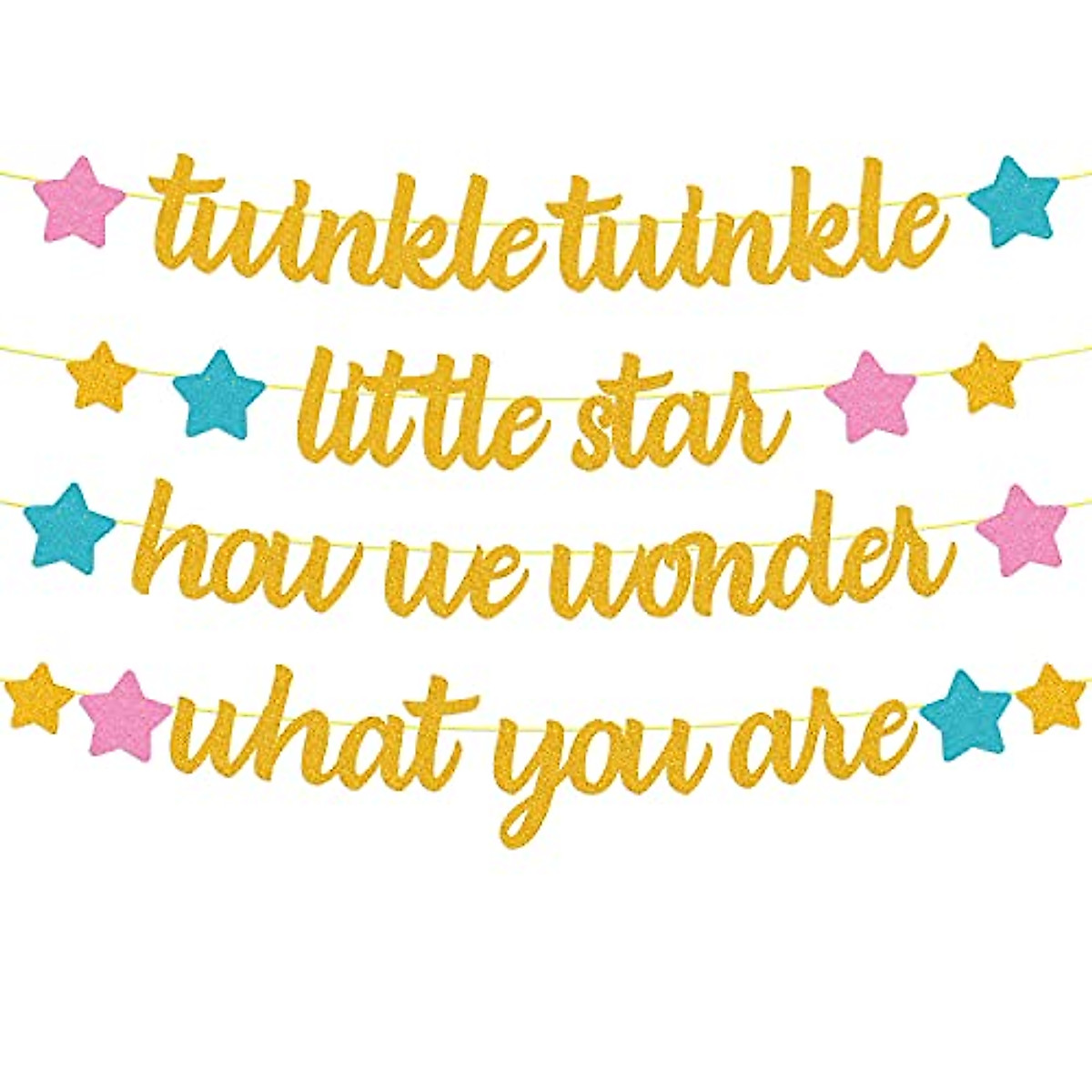 Twinkle Twinkle Little Star How We Wonder What You Are Banner Gender Reveal Decorations He or She Pink Blue Gold Star Baby Shower Party Supplies Glitter Décor Pre-Strung