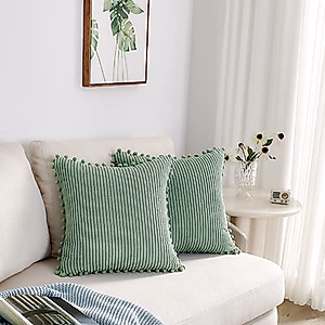 Pack of 2 LEISROUL Decorative Throw Pillow Covers with Cute Pompoms,Boho Accent Pillows for Bedroom and Living Room (Mint, 18" 18")