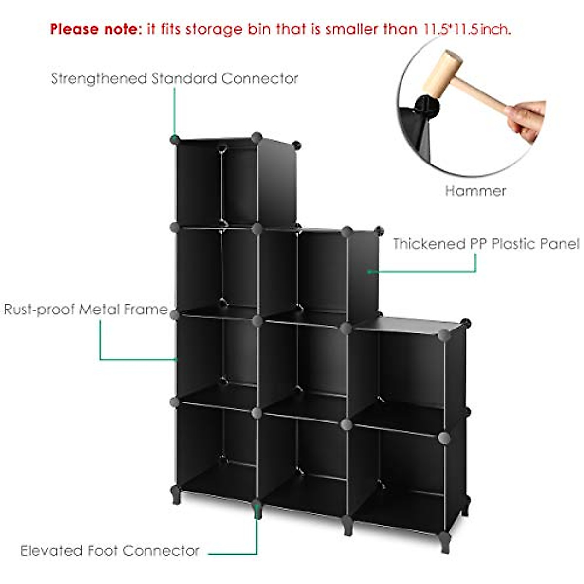 TomCare Cube Storage 9-Cube Closet Organizer Shelves Plastic Storage Cube Organizer DIY Closet Organizer Storage Cabinet Modular Book Shelf Shelving for Bedroom Living Room Office, Black