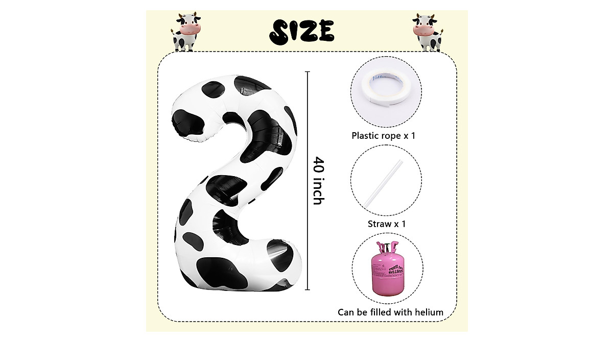 LEBERY Cow Print Number 2 Balloon for 2nd Birthday & Farm Parties