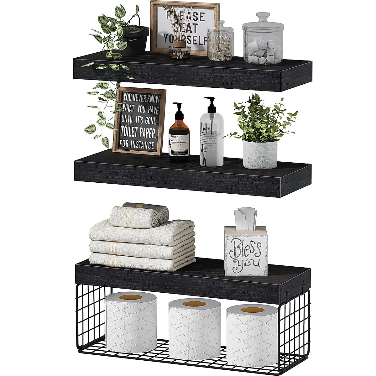 QEEIG Black Bathroom Shelves Over Toilet Wall Mounted Floating Shelves Farmhouse Shelf Toilet Paper Storage Small 16 inch Set of 3 (019-B3)
