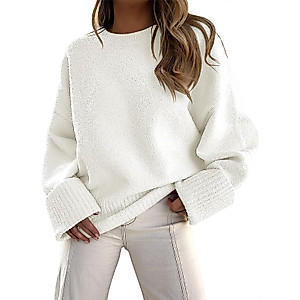 ANRABESS Women's Oversized Crewneck Long Sleeve Fuzzy Knit Casual Chunky Warm 2025 Fall Pullover Sweaters Top Trendy Outfits White X-Large