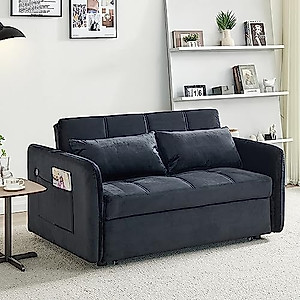 Sofa Couch w/Pull Out Sleeper Bed, 55.5” Black Velvet Upholstery Convertible Loveseat Twin Sofabed with Two Arm Pockets, 3-angle Adjustable Backrest Sofa, Build-in 2 USB Charger Ports for Living Room