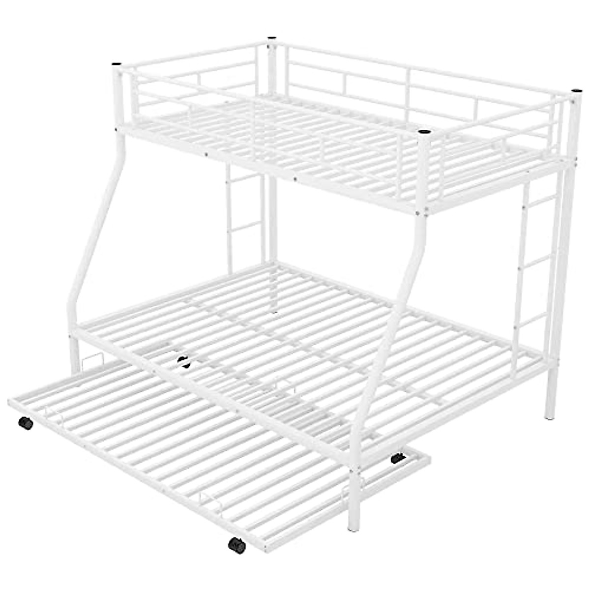 Tulib Twin Over Full Metal Bunk Bed with Sturdy Steel Frame, Bunkbed with Twin Size Trundle, Two-Side Ladders, No Spring Box Required, White