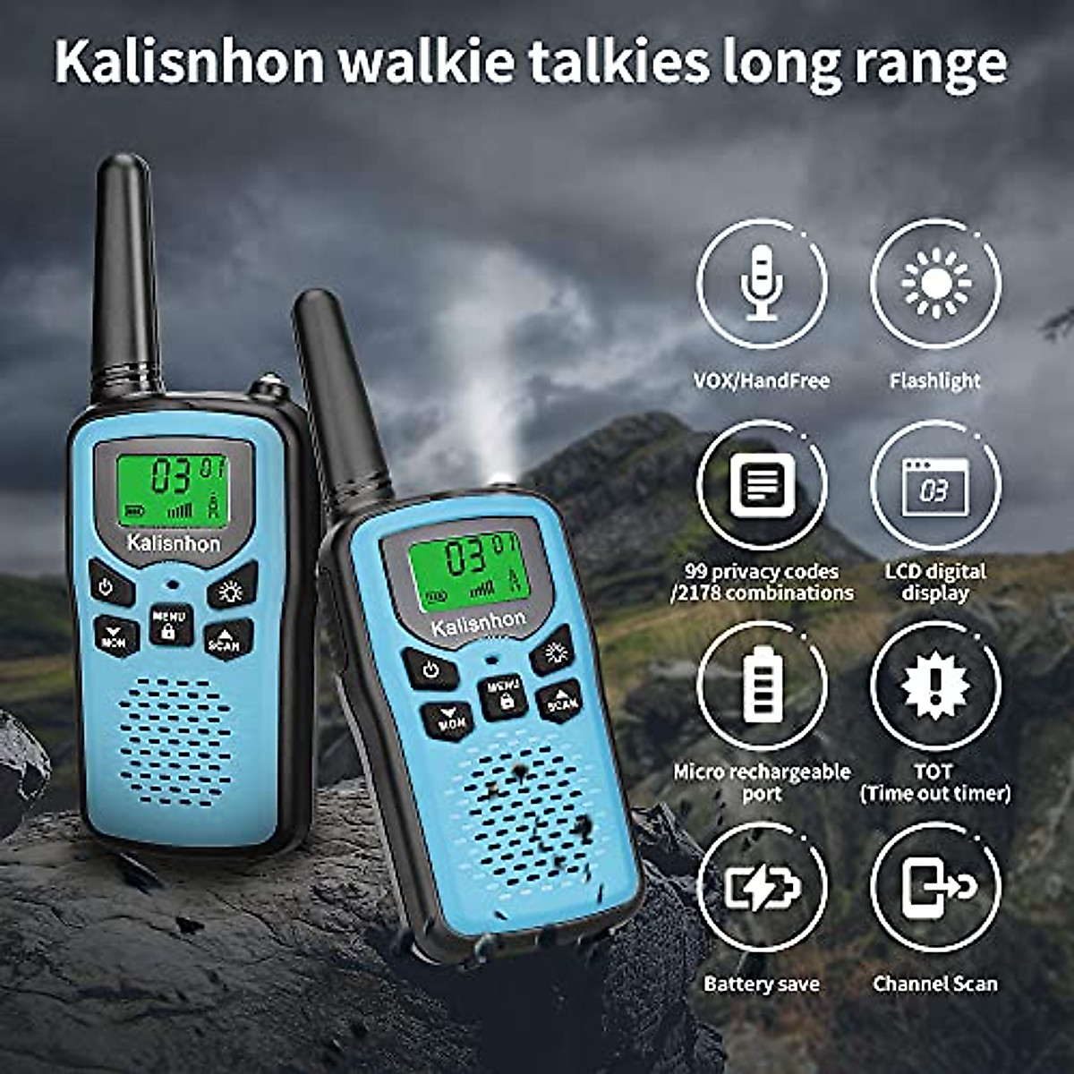 Walkie Talkies for Adults,Kalisnhon walkie talkies with 22 FRS Channels，walkie Talkie Long Range with Flashlight VOX LCD Display Two Way radios for Cycling Camping Hiking(2 Pack)
