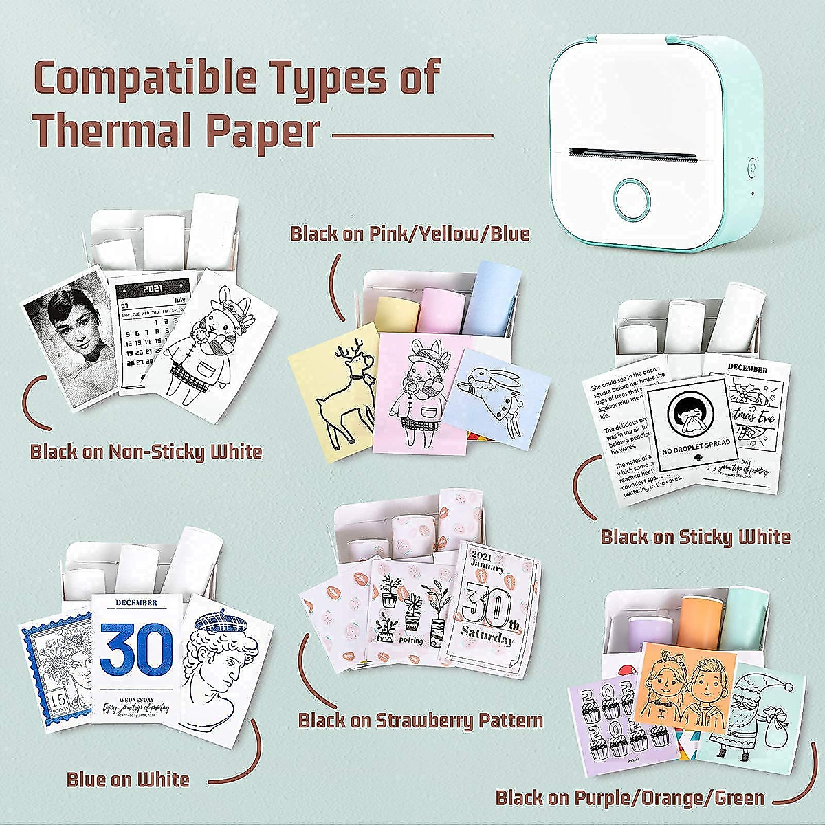 Memoking T02 Pocket Thermal Bluetooth Printer with Green Rabbit Shape Protective Case, Compatible with iOS & Android